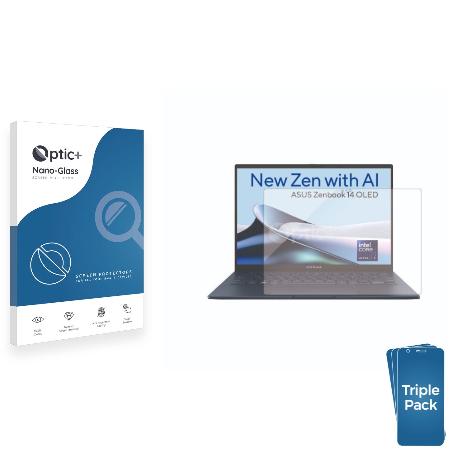 3pk Optic+ Nano Glass Screen Protectors for Asus Zenbook 14" 3k OLED ...